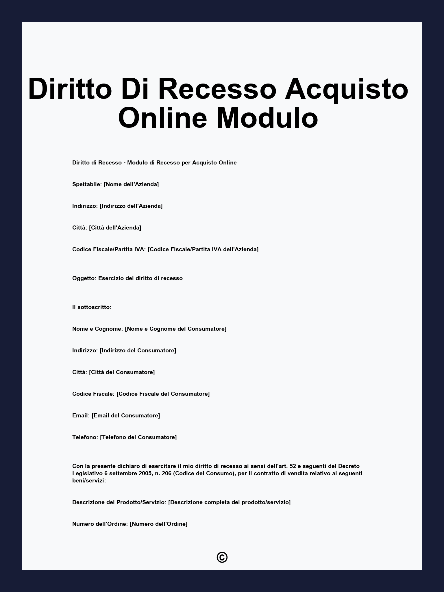 Diritto Di Recesso Acquisto Online Modulo